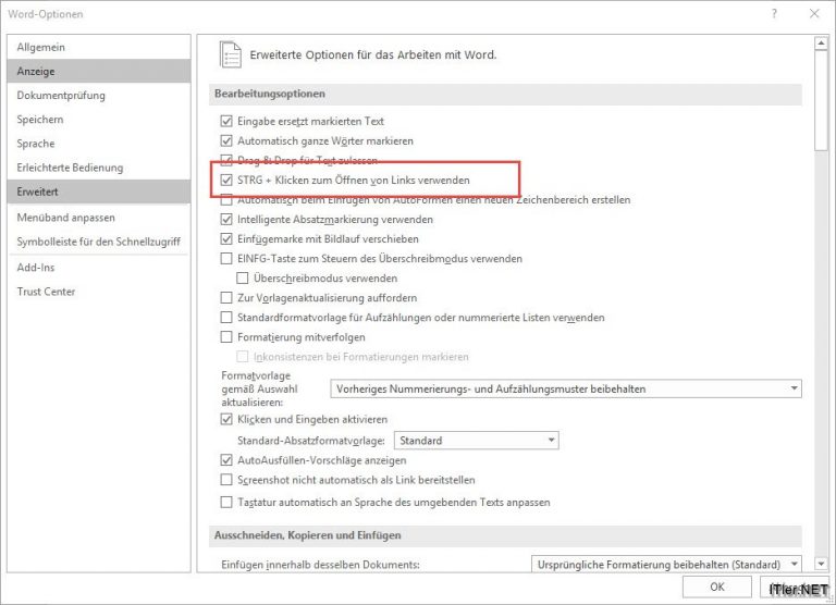 STRG+ klicken um Link zu folgen - deaktivieren - Outlook + Word